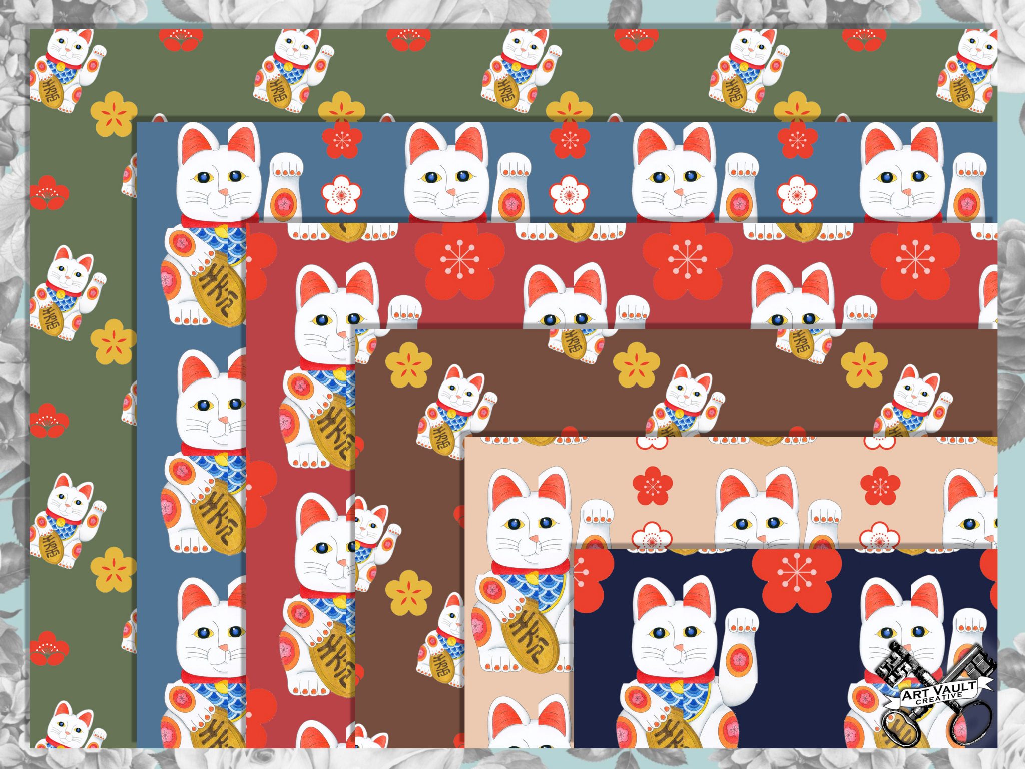 Lucky Cat Seamless Pattern - Art Vault Creative