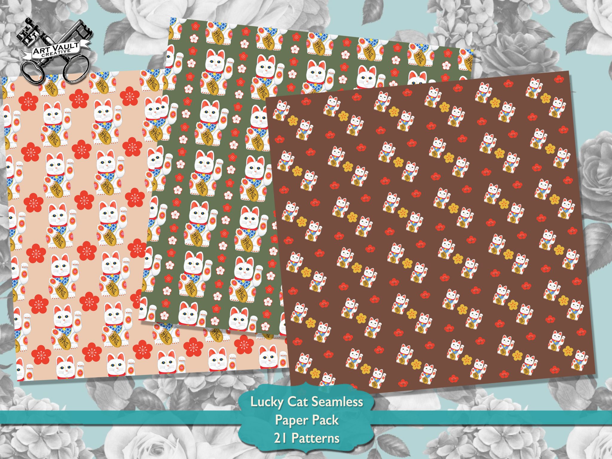 Lucky Cat Seamless Pattern - Art Vault Creative