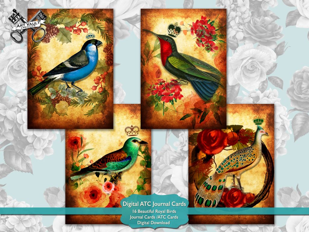 Royal Birds Vintage ATC Journal Cards - Art Vault Creative