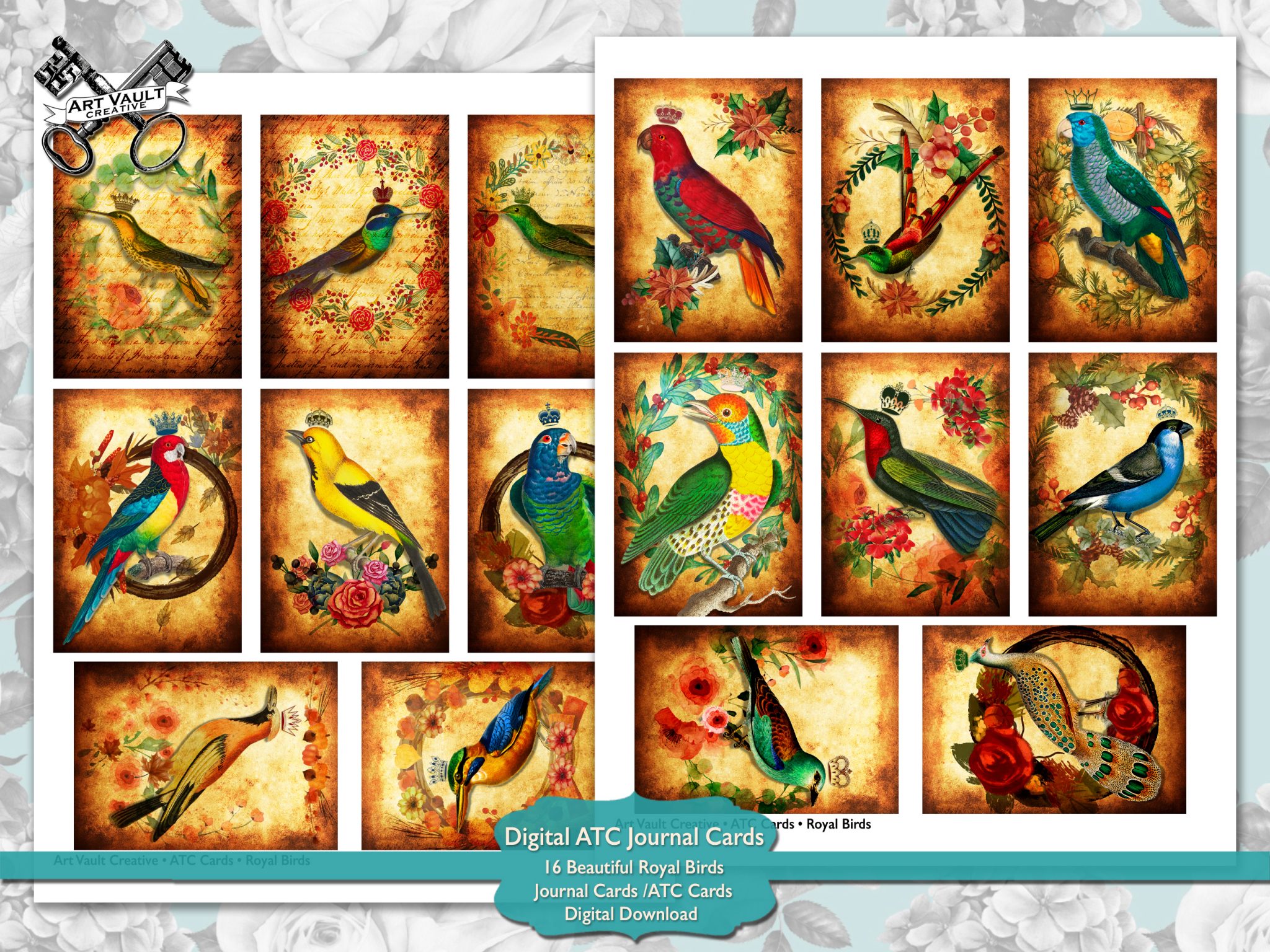 Royal Birds Vintage ATC Journal Cards - Art Vault Creative